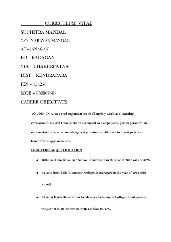 (DOC) CURRICULUM VITAE SUCHITRA MANDAL | satyashree prusty - Academia.edu