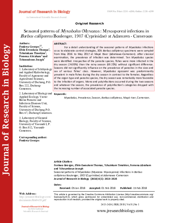 (PDF) Seasonal patterns of Myxobolus (Myxozoa : Myxosporea) infections ...