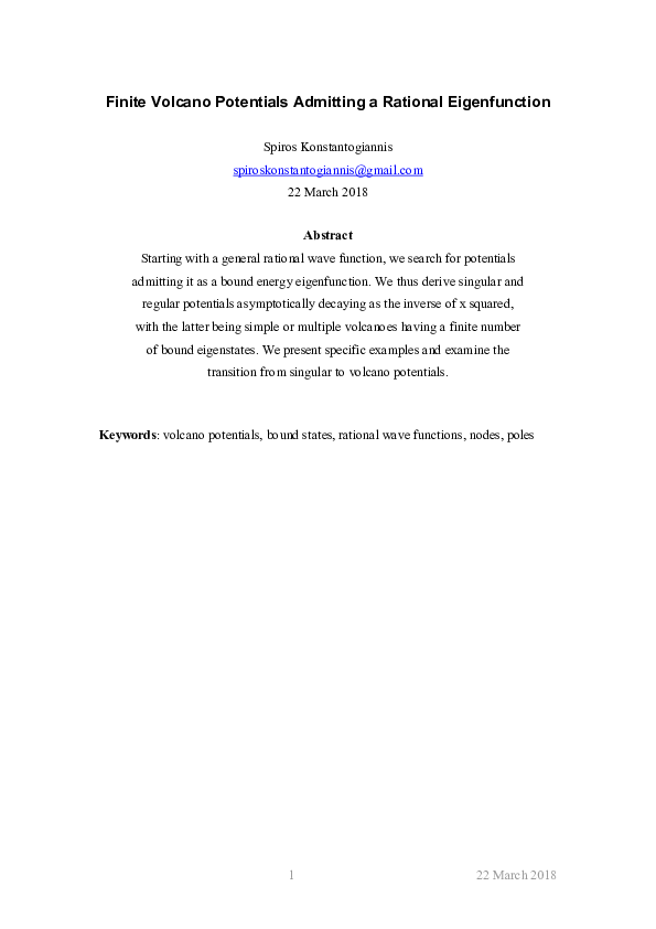 (PDF) Finite Volcano Potentials Admitting a Rational Eigenfunction
