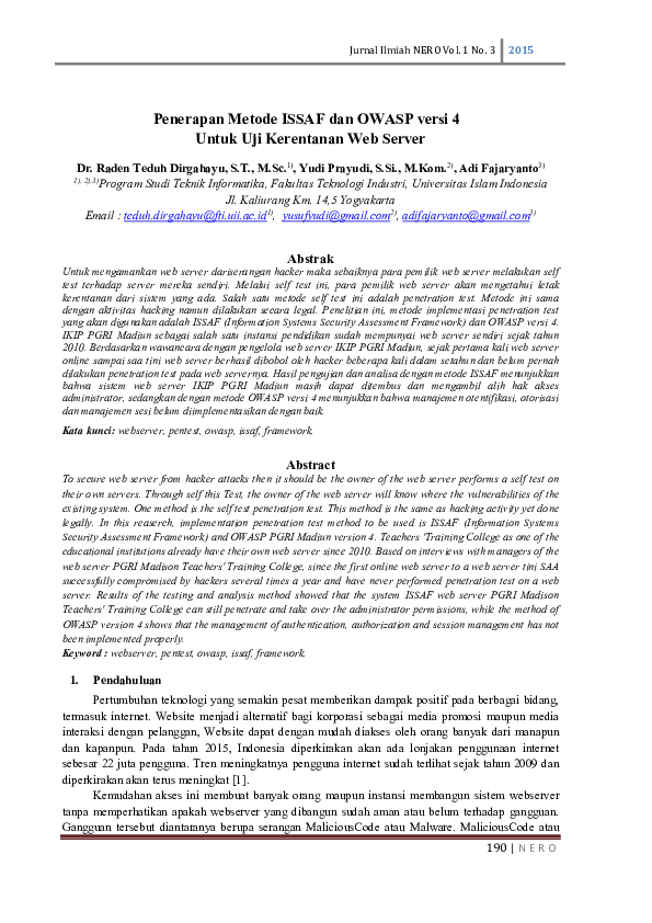 (PDF) Penerapan Metode ISSAF dan OWASP versi 4 Untuk Uji Kerentanan Web ...