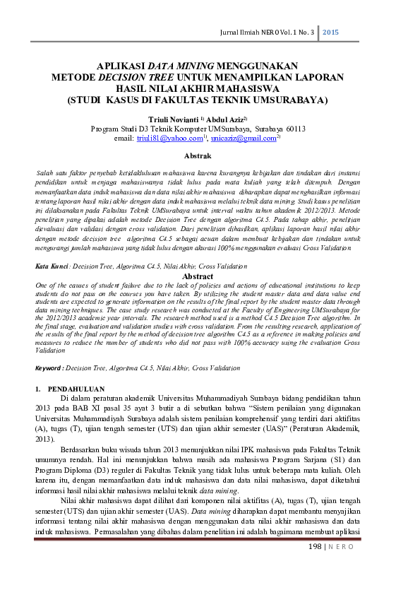 Pdf Aplikasi Data Mining Menggunakan Metode Decision Tree Untuk Menampilkan Laporan Hasil