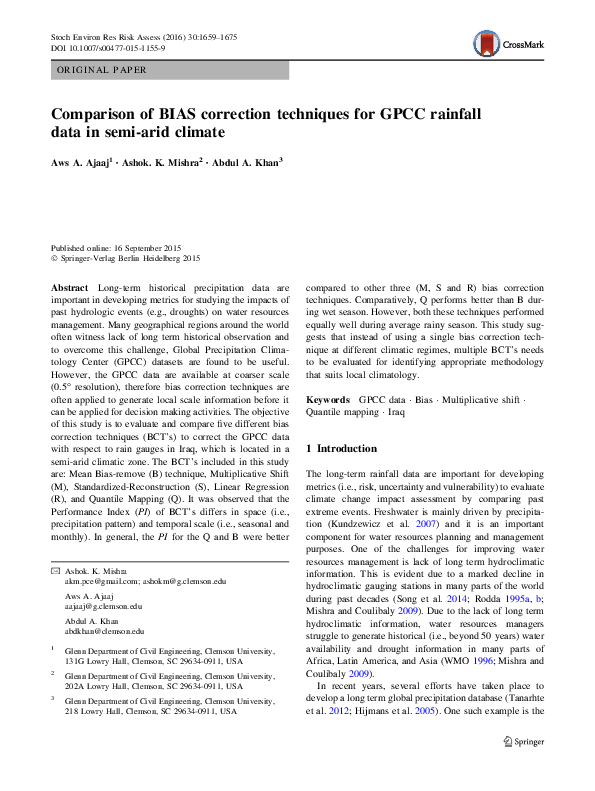Pdf Comparison Of Bias Correction Techniques For Gpcc Rainfall Data In Semi Arid Climate