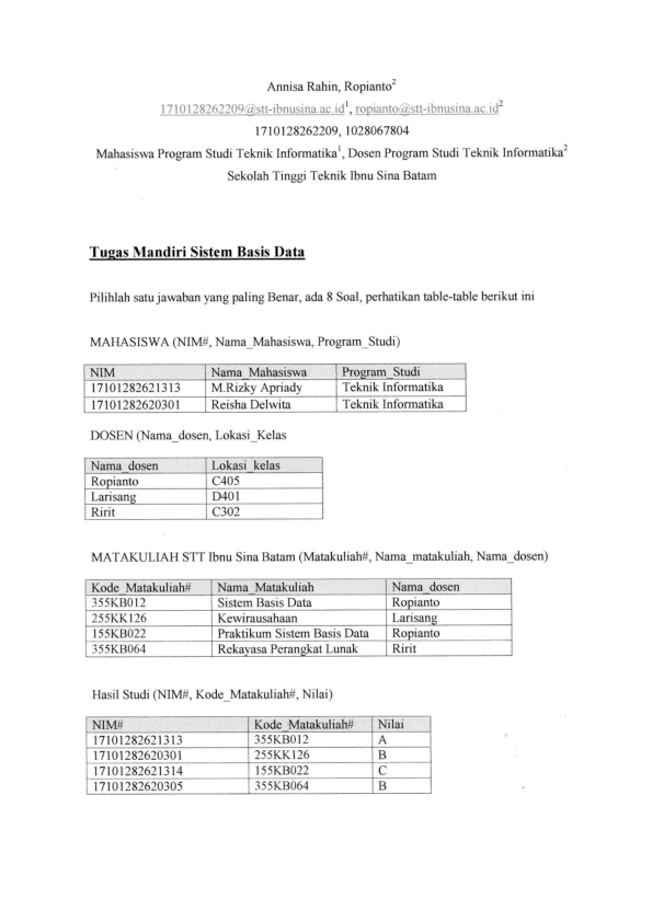 (PDF) Tugas Mandiri Sistem Basis Data