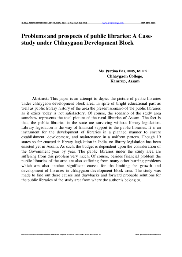 (PDF) Problems and prospects of public libraries: A Case- study under ...