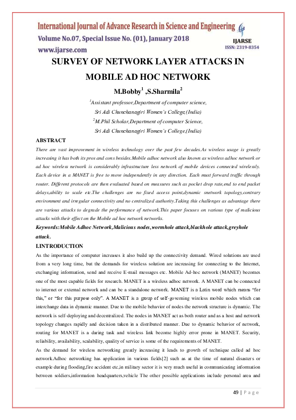 Pdf Survey Of Network Layer Attacks In Mobile Ad Hoc Network Bobby