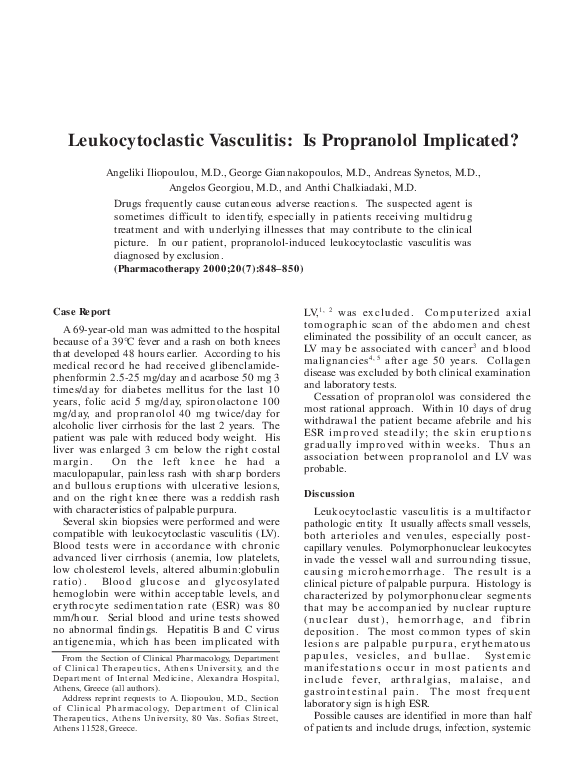 (PDF) Leukocytoclastic Vasculitis: Is Propranolol Implicated?