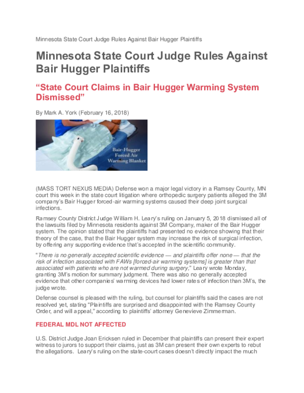 (DOC) Minnesota State Court Judge Rules Against Bair Hugger Plaintiffs.docx