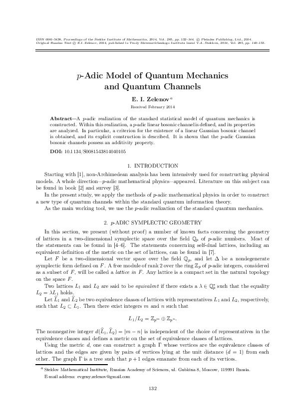 (PDF) p-Adic Model of Quantum Mechanics and Quantum Channels