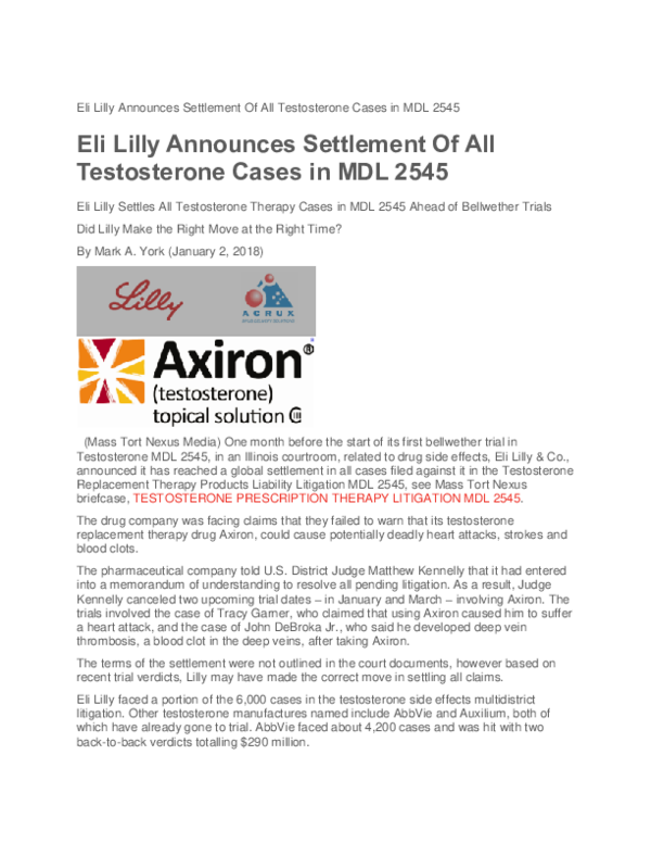 (DOC) Eli Lilly Announces Settlement Of All Testosterone Cases in MDL ...