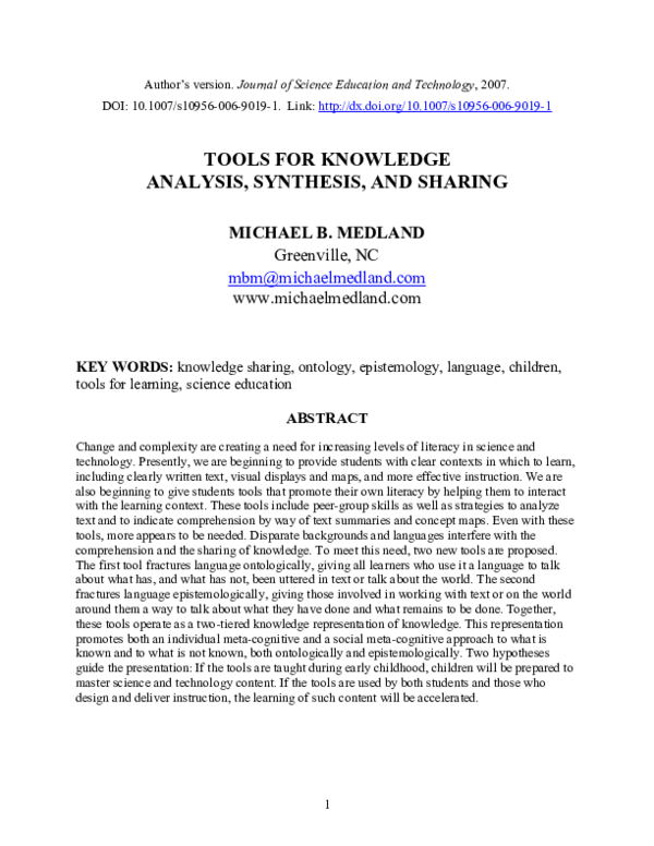(PDF) TOOLS FOR KNOWLEDGE ANALYSIS, SYNTHESIS, AND SHARING