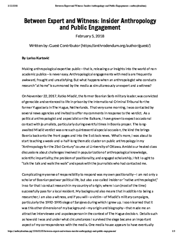 (PDF) Between Expert and Witness: Insider Anthropology and Public ...