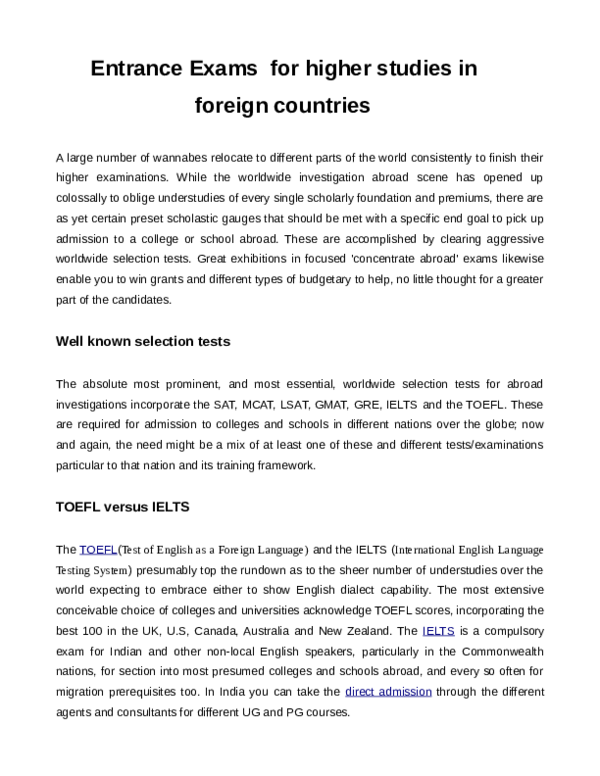 Entrance Exams for higher studies in foreign countries