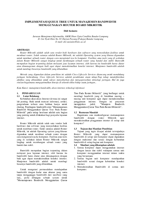 (PDF) IMPLEMENTASI QUEUE TREE UNTUK MANAJEMEN BANDWIDTH MENGGUNAKAN ROUTER BOARD MIKROTIK