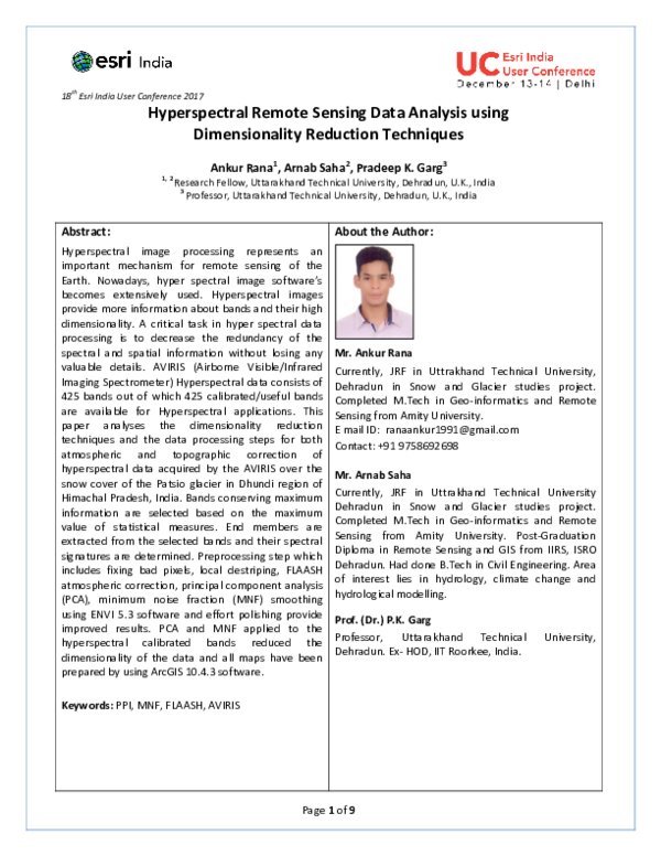 Pdf Hyperspectral Remote Sensing Data Analysis Using Dimensionality Reduction Techniques