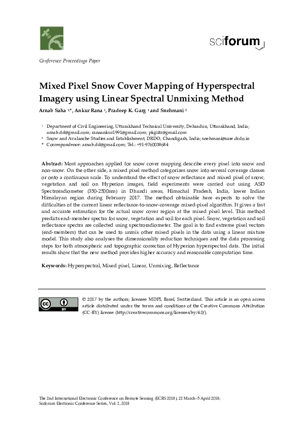 (PDF) Mixed Pixel Snow Cover Mapping of Hyperspectral Imagery using Linear Spectral Unmixing Method