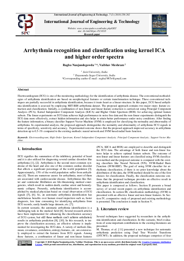 Pdf Arrhythmia Recognition And Classification Using Kernel Ica And Higher Order Spectra
