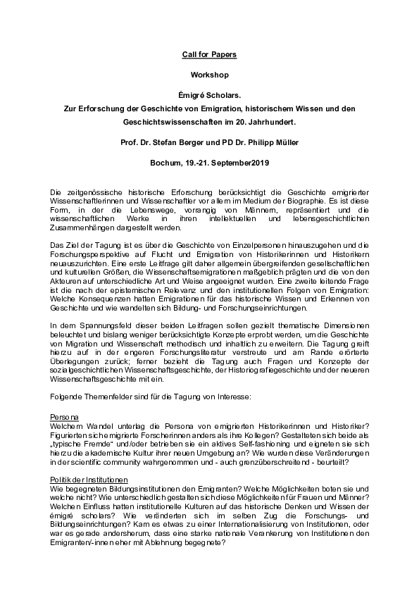 (PDF) Call for Papers - Émigré scholars: Historians in Exile and the ...