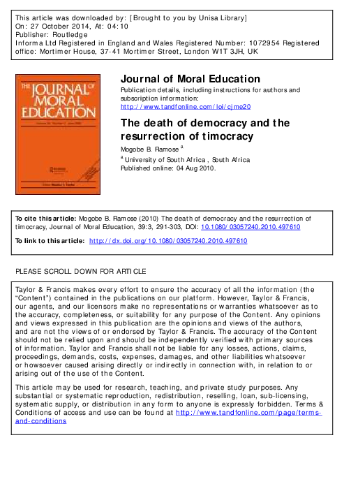 (PDF) Journal of Moral Education The death of democracy and the ...