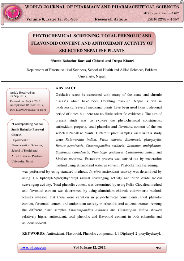 (PDF) PHYTOCHEMICAL SCREENING, TOTAL PHENOLIC AND FLAVONOID CONTENT AND ANTIOXIDANT ACTIVITY OF ...