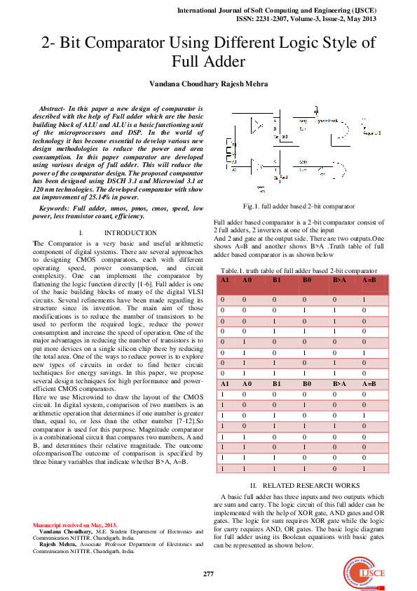 (PDF) 2-Bit Comparator Using Different Logic Style of Full Adder