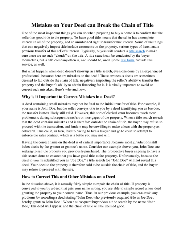 (DOC) Mistakes on Your Deed can Break the Chain of Title