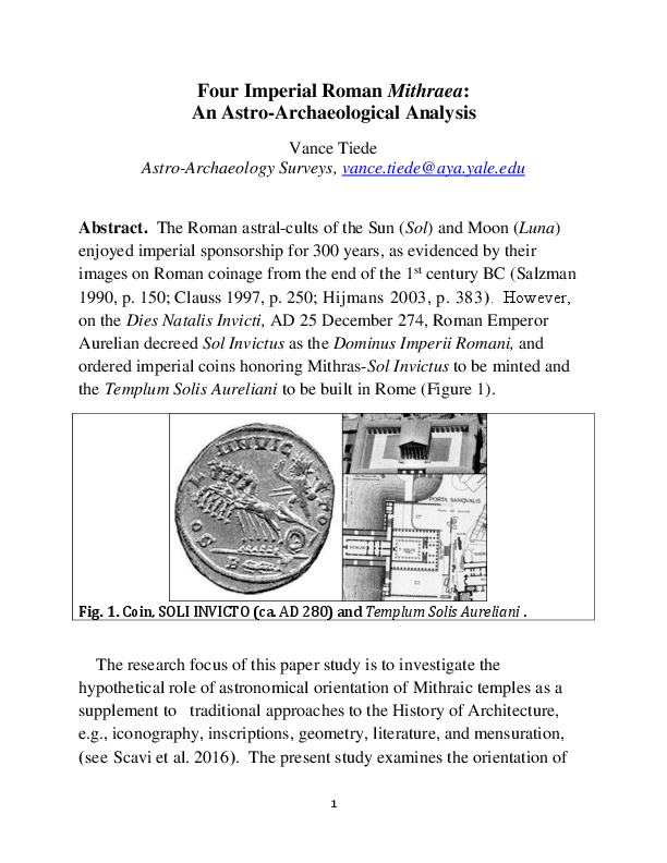 (PDF) Four Imperial Roman Mithraea: An Astro-Archaeological Analysis