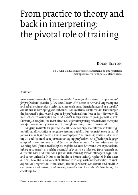 (PDF) From practice to theory and back in interpreting: the pivotal ...