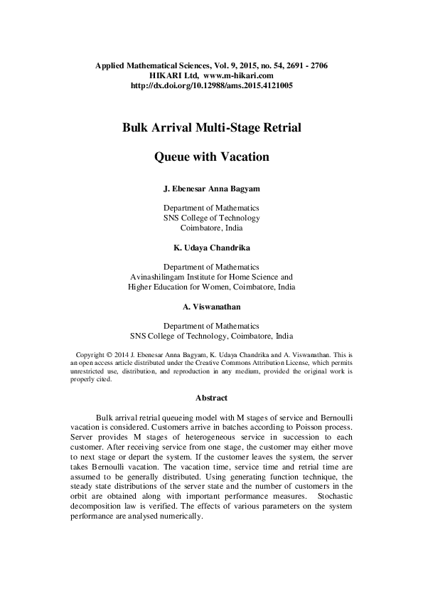 (PDF) Bulk Arrival Multi-Stage Retrial Queue with Vacation