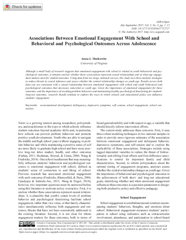 (PDF) Associations between emotional engagement with school and problem ...