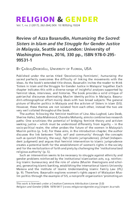 (PDF) Review of Azza Basarudin, Humanizing the Sacred: Sisters in Islam ...