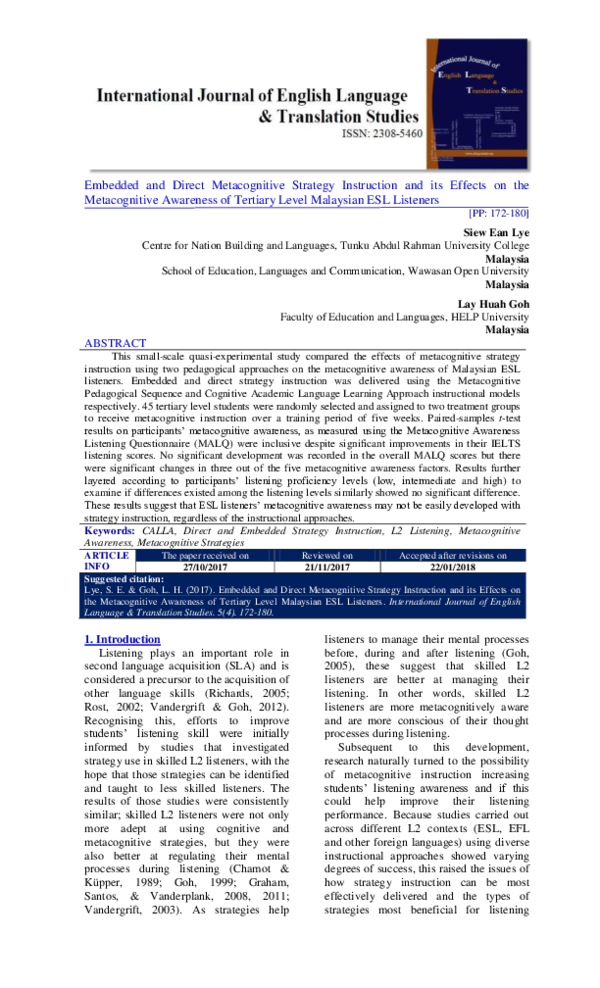 Pdf Embedded And Direct Metacognitive Strategy Instruction And Its Effects On The