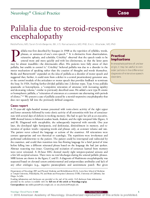 (PDF) Neurology ® Clinical Practice Palilalia due to steroid-responsive ...