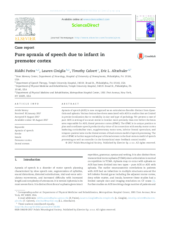 (PDF) Pure apraxia of speech due to infarct in premotor cortex