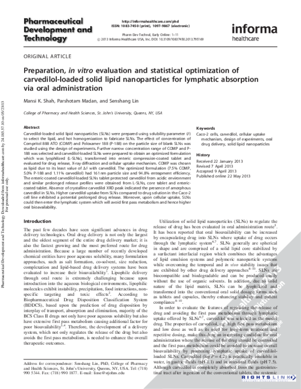 Pdf Preparation In Vitro Evaluation And Statistical Optimization Of Carvedilol Loaded Solid