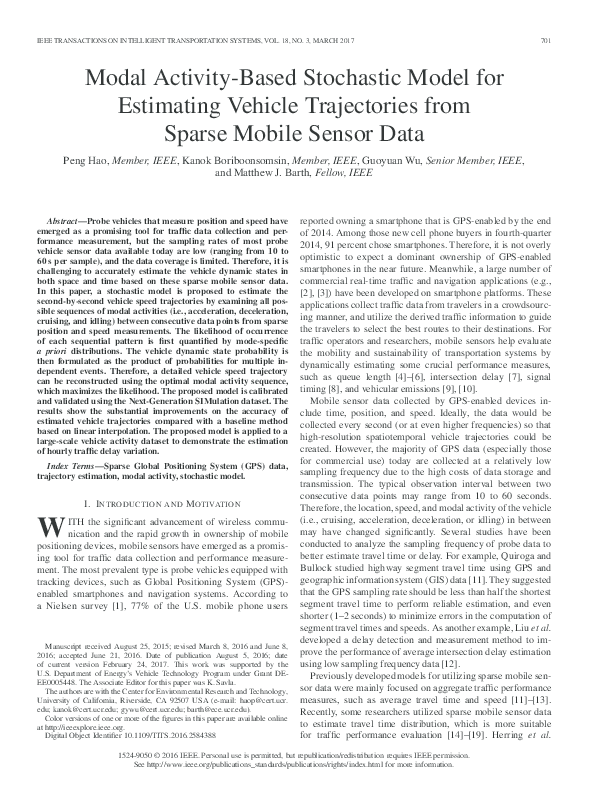 Pdf Modal Activity Based Stochastic Model For Estimating Vehicle Trajectories From Sparse