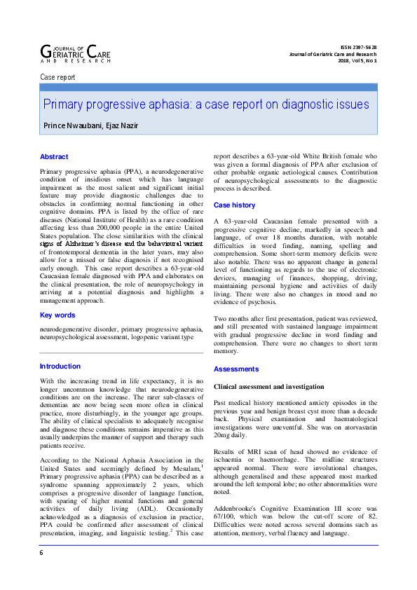 (PDF) Primary progressive aphasia: a case report on diagnostic issues