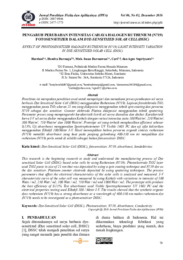(PDF) PENGARUH PERUBAHAN INTENSITAS CAHAYA HALOGEN RUTHENIUM (N719) FOTOSENSITIZER DALAM DYE ...