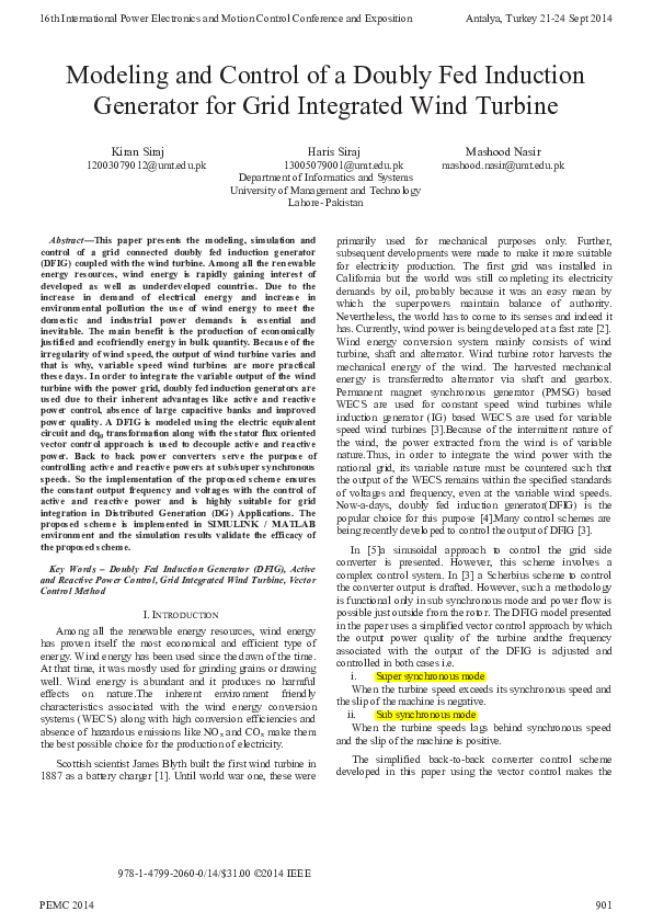 Pdf Modeling And Control Of A Doubly Fed Induction Generator For Grid Integrated Wind Turbine