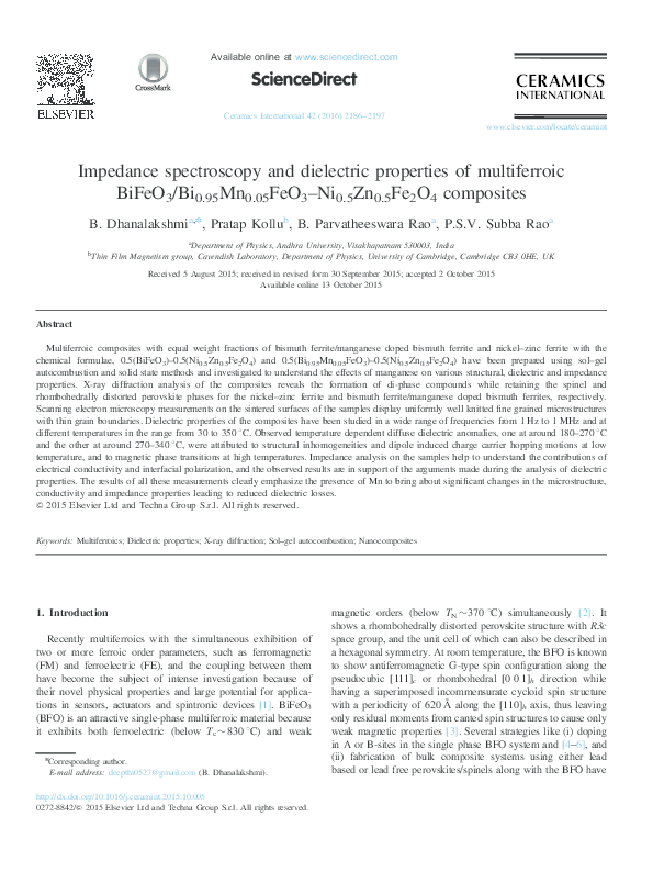 (PDF) CERAMICS INTERNATIONAL Impedance spectroscopy and dielectric properties of multiferroic ...