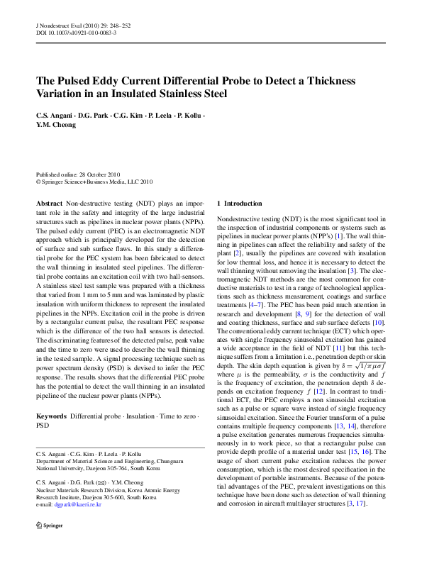 Pdf The Pulsed Eddy Current Differential Probe To Detect A Thickness Variation In An Insulated
