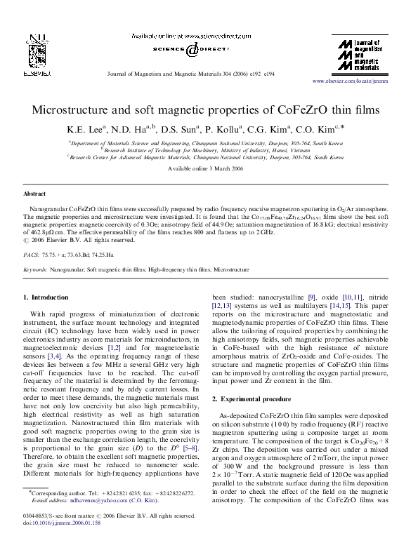 (PDF) Microstructure and soft magnetic properties of CoFeZrO thin films
