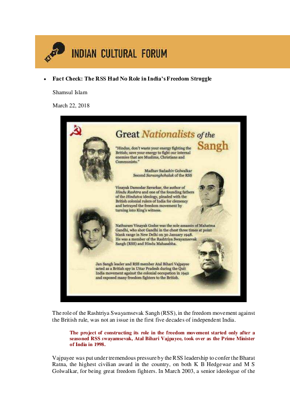 (PDF) Fact Check: The RSS Had No Role in India's Freedom Struggle