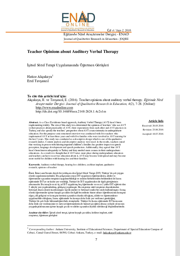 (PDF) Teacher Opinions about Auditory Verbal Therapy