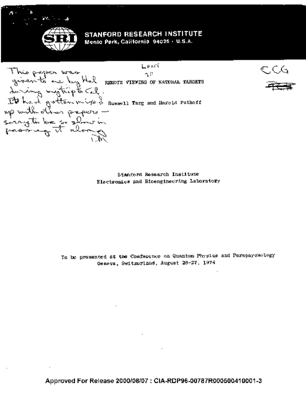 (PDF) REMOTE VIEWING OF NATURAL TARGETS. SRI. RUSSELL TARG AND HAROLD ...