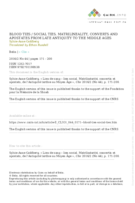 (PDF) Blood ties : social ties. Matrilineality, converts and apostates ...