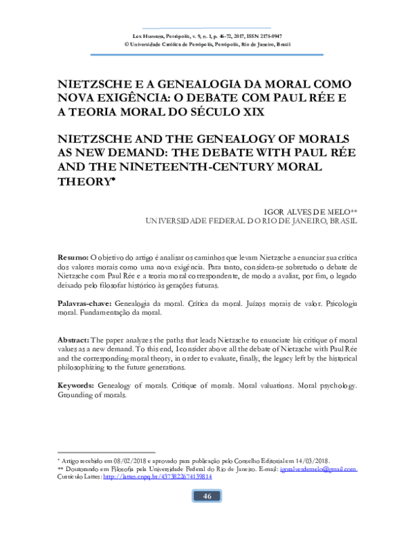 (PDF) Nietzsche e a genealogia da moral como nova exigência: o debate ...