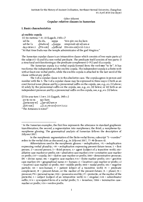 (PDF) Copular relative clauses in Sumerian (handout)