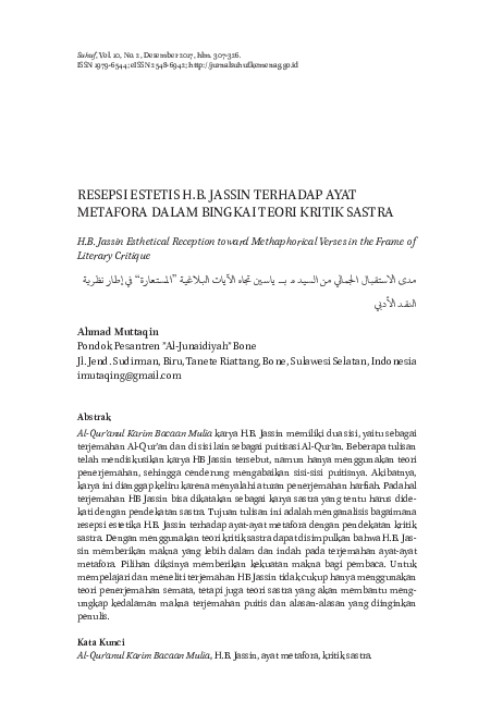 (PDF) Resepsi Estetis H.B. Jassin terhadap Ayat Metafora dalam Bingkai ...