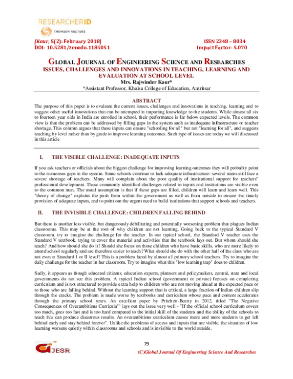 (PDF) ISSUES, CHALLENGES AND INNOVATIONS IN TEACHING, LEARNING AND ...