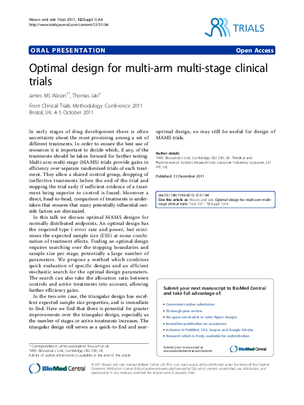 (PDF) Optimal design for multi-arm multi-stage clinical trials | Thomas Jaki - Academia.edu